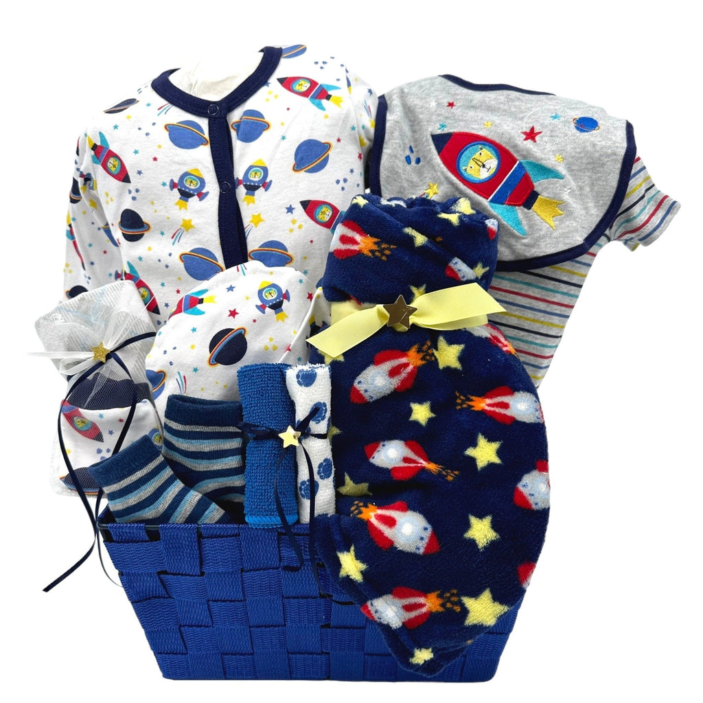 Cosmic Cuddles: Premium Baby Boy Gift Basket – Glitter Baskets